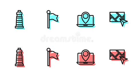 Set Line Laptop With Location Marker Lighthouse Location And City Map Navigation Icon Vector