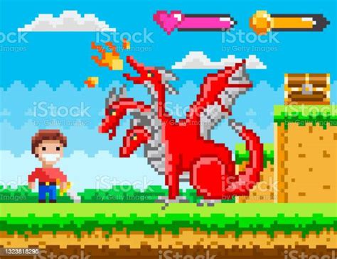 빨간 드래곤에 맞서 싸우는 방패와 칼을 들고 있는 남자 전사와 함께 픽셀화된 자연 경관 가공의 인물에 대한 스톡 벡터 아트 및