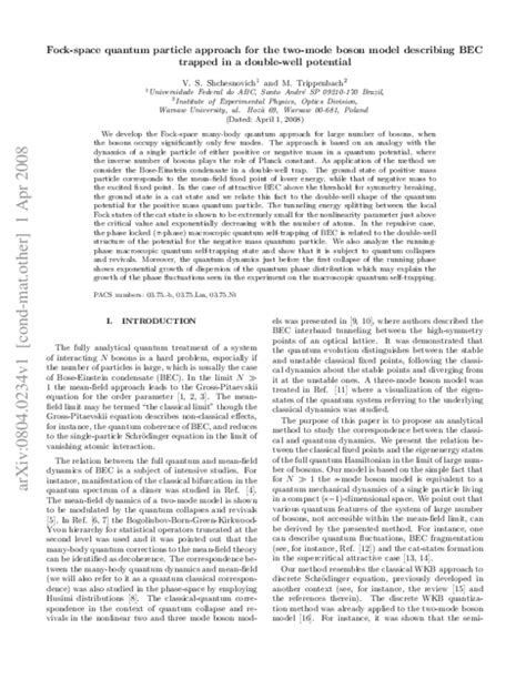 Pdf Fock Space Quantum Particle Approach For The Two Mode Boson Model Describing Bec Trapped