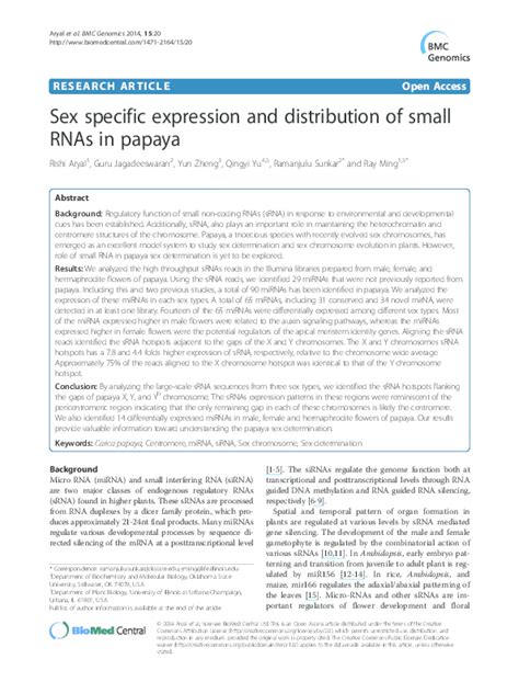 pdf sex specific expression and distribution of small rnas in papaya