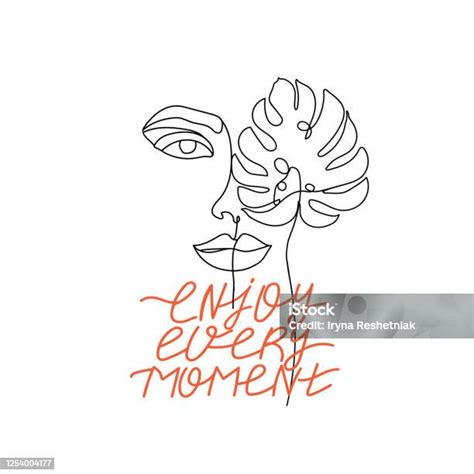 트렌디 한 줄 여자 얼굴 몬스터 잎과 글자 패션 타이포그래피 슬로건 디자인 매 순간을 즐기세요 기호 0명에 대한 스톡 벡터 아트 및 기타 이미지 Istock