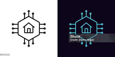 편집 가능한 획이 있는 윤곽선 홈 회로 아이콘입니다 집 기호가 있는 마이크로 회로 프레임 Iot 홈 픽토그램 스마트 하우스 제어 시스템 Iot 칩 및 네트워크 Cpu 원격