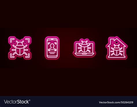 Set Line System Bug Mobile And Face Recognition Vector Image