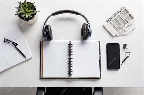 Premium Photo White Desk Setup Notepad And Headphones For Focus