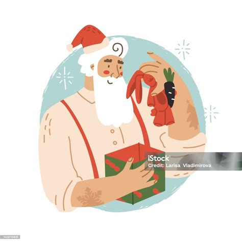 산타는 선물 상자에 당근이있는 봉제 토끼를 넣습니다 새해 복 많이 받으세요 메리 크리스마스 선물 선물의 주는 크리스마스 전에 산타 클로스의 일상 생활 벡터 일러스트레이션의