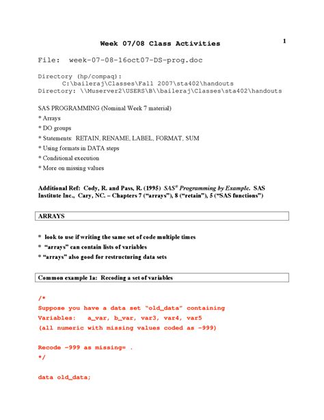 Class Activities Statistical Programming Sta 402 Exams Statistics Docsity