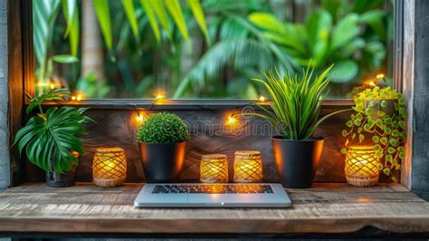 Cozy Workspace Indoor Garden With Ambient Lighting Stock Illustration Illustration Of