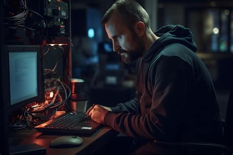 Premium Ai Image Technician Troubleshooting Server Issues With His Laptop