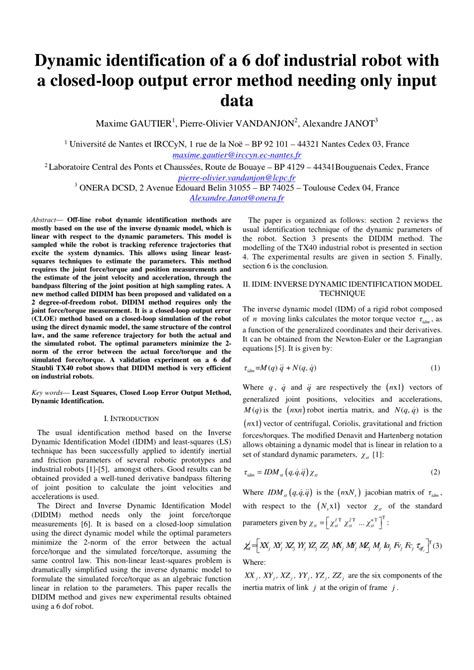 Pdf Dynamic Identification Of A 6 Dof Robot Without Joint Position Data