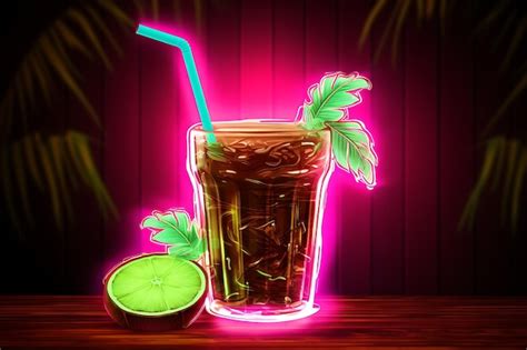 Premium Photo Coconut Cocktail With Straw And Splashes Neon Sign
