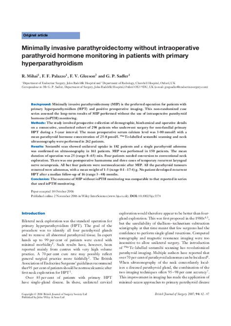 Pdf Minimally Invasive Parathyroidectomy Without Intraoperative Parathyroid Hormone Monitoring