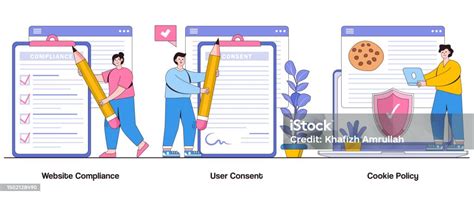 웹 사이트 규정 준수 사용자 동의 캐릭터가 있는 쿠키 정책 개념 디지털 개인 정보 보호 추상 벡터 일러스트레이션 세트입니다
