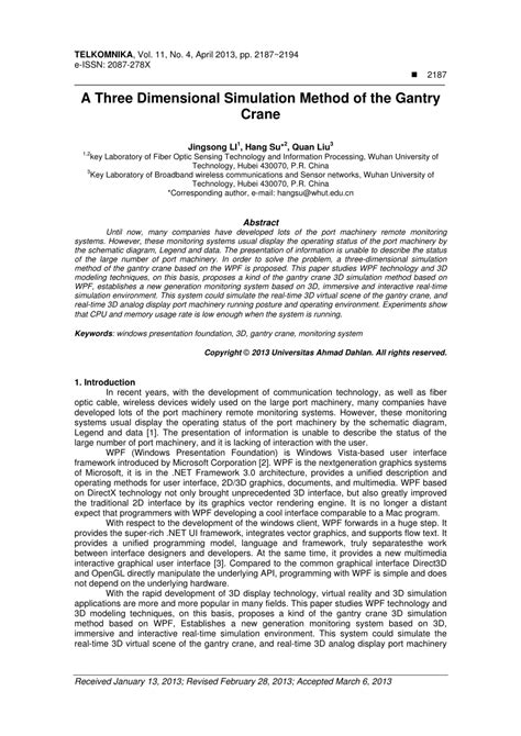 Pdf A Three Dimensional Simulation Method Of The Gantry Crane