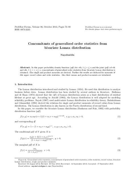 Pdf Concomitants Of Generalized Order Statistics From Bivariate Lomax