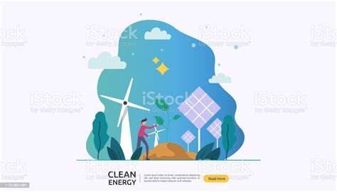 녹색 청정 에너지 원 재생 가능한 전기 태양 전지 패널과 풍력 터빈 사람 캐릭터와 환경 개념입니다 웹 랜딩 페이지 템플릿 배너 프레젠테이션 소셜 및 인쇄 미디어 개념에 대한