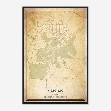 Vintage Yanan China Map Poster Yanan City Road Wall Art Print Custom