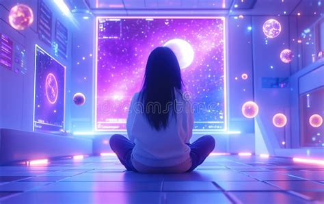 A Woman Sits In A Room Surrounded By Futuristic Technology Generative Ai Stock Illustration