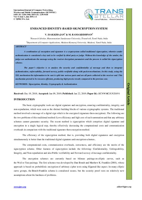 Pdf Enhanced Identity Based Signcryption System Tjprc Publication