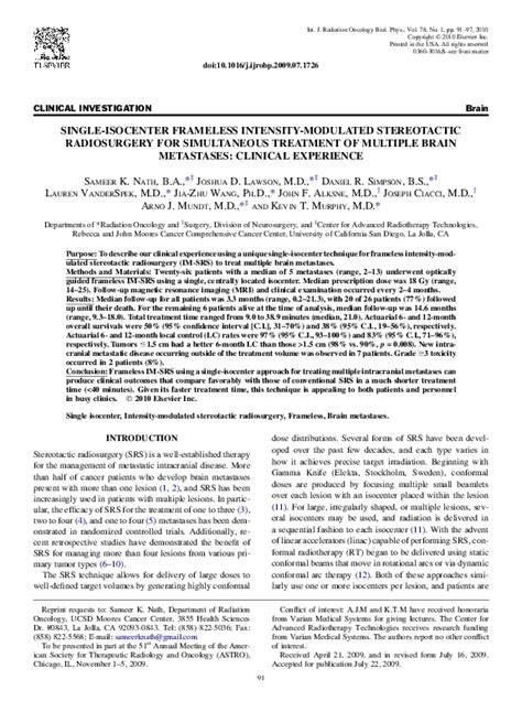 Pdf Single Isocenter Frameless Intensity Modulated Stereotactic Radiosurgery For Simultaneous