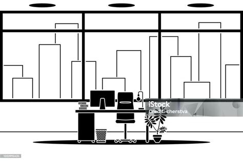 현대 빈 사무실 작업 장소 프론트 뷰 벡터 일러스트의 디자인 표 책상 의자 컴퓨터 바탕 화면 서적 식물 램프 휴지통 고립 된