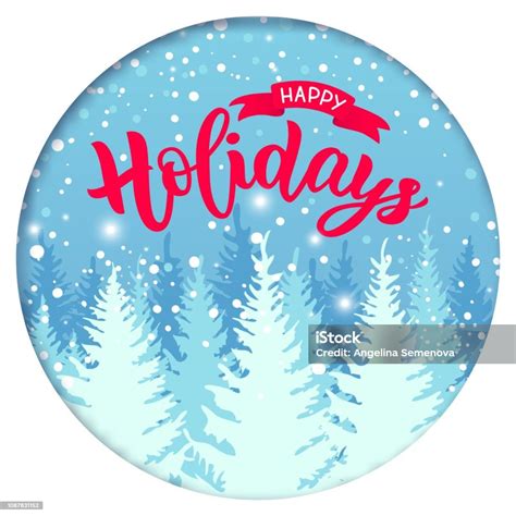 해피 홀리데이 소나무 다양 한 색상과 눈송이와 겨울 눈 풍경 일러스트 레터링 현대 서 예 즐거운 연말연시 되세요 문구에 대한 스톡 벡터 아트 및 기타 이미지 즐거운 연말