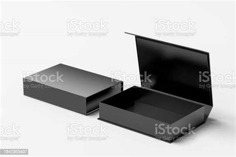 흰색 배경에 검은 색 이면 이면의 사각형 접이식 선물 상자가 모의로 닫혀 있습니다 측면 보기입니다 가냘픈에 대한 스톡 사진 및