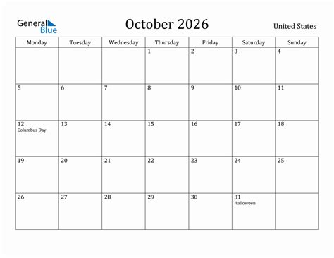 October 2026 Monthly Calendar With United States Holidays Monday Start