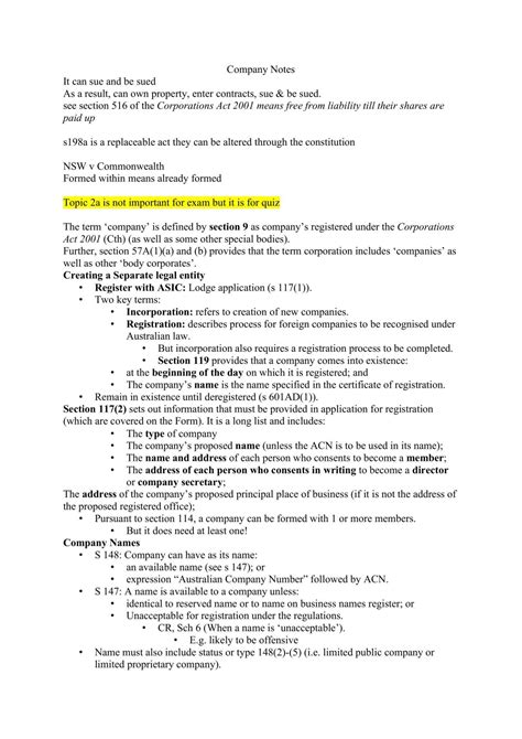 Company Law Complete Week 1 12 Notes Law5011 Principles Of Company