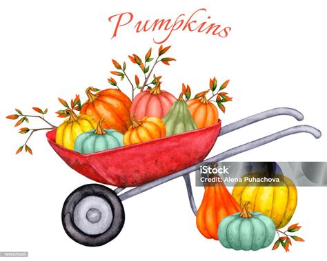 정원 수레에 호박입니다 손으로 그린 수채화 추수 감사절 추수 축제 포스터 배너 엽서 초대장 발표 광고 디자인을위한 기성품 구성 10월에 대한 스톡 벡터 아트 및 기타 이미지