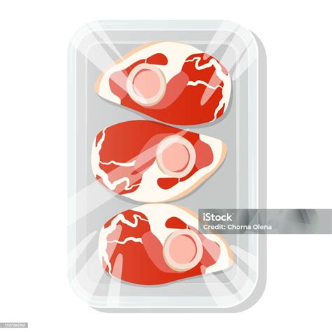 뼈에 스테이크 진공 팩에 고기 조각 플라스틱 트레이에 돼지고기와 쇠고기 벡터 그림입니다 가격에 대한 스톡 벡터 아트 및 기타