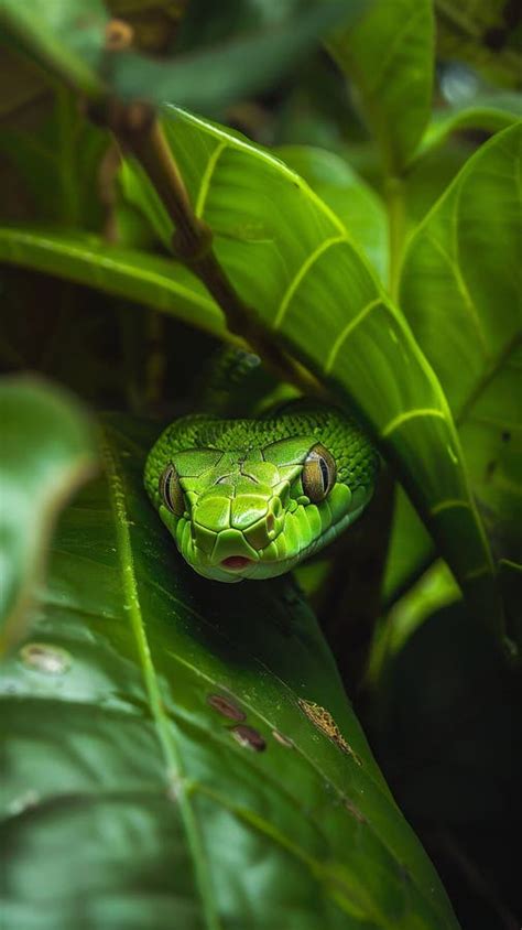 a striking green python with intense eyes hides within the shadows of