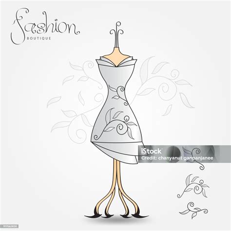 패션 부티크 이브닝 드레스 빈티지 아이콘 벡터 일러스트 레이 션 옷 섬유 여자의 의류 디자인 고립 된 기호 서식 배경 직물 패턴 간판에 대한 스톡 벡터 아트 및 기타 이미지