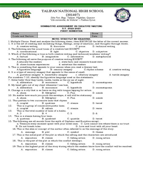 Creative Writing Summative Long Pdf Poetry Senses