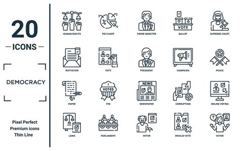 민주주의 선형 아이콘 세트 얇은 선 인권 초대장 종이 법률 유권자 대통령 보고서 프리젠 테이션 다이어그램 웹 디자인을위한 온라인 투표 아이콘을 포함합니다 0명에 대한 스톡