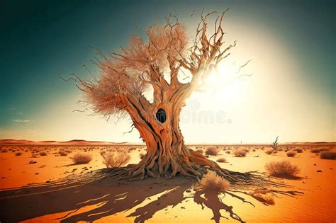 Lonely Withered Tree Falling Apart In Wind And Under Scorching Rays Of