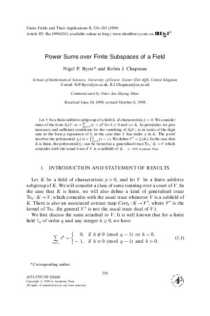 Pdf Power Sums Over Finite Subspaces Of A Field