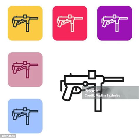 검은 줄 기관단총 M3 흰색 배경에 고립 된 그리스 총 아이콘 색상 정사각형 단추로 아이콘을 설정합니다 벡터 검은색에 대한 스톡 벡터 아트 및 기타 이미지 Istock