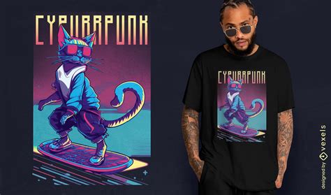 Cyberpunk Skater Cat T Shirt Design Psd Editable Template