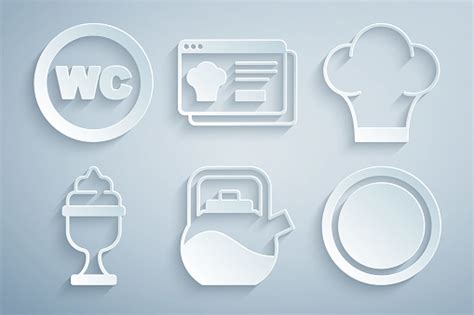 손잡이 요리사 모자 그릇에 아이스크림 접시 온라인 주문 배달 및 화장실 아이콘주전자를 설정합니다 벡터 3차원 형태에 대한 스톡 벡터 아트 및 기타 이미지 Istock