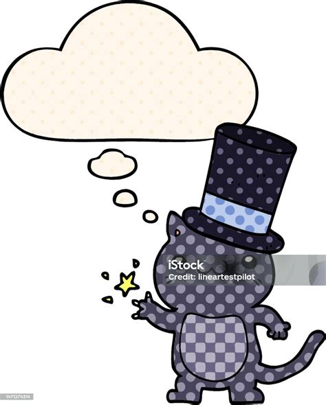 만화책 스타일의 생각 거품이 있는 모자를 쓰고 있는 만화 고양이 0명에 대한 스톡 벡터 아트 및 기타 이미지 0명 귀여운