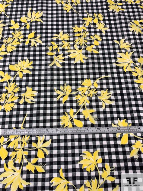 Gingham And Floral Stem Silhouette Printed Cotton Lawn Yellow Black