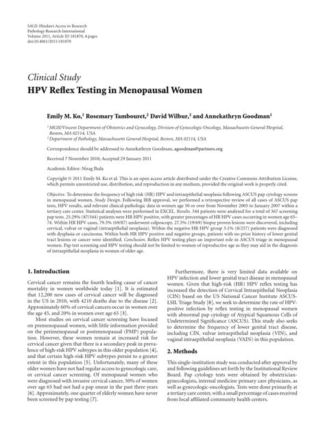 Pdf Hpv Reflex Testing In Menopausal Women