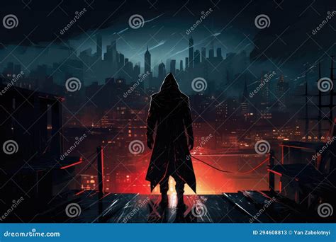 The Stealthy Assassin Is Shown Out In Front Of A Dimly Lit Cityscape
