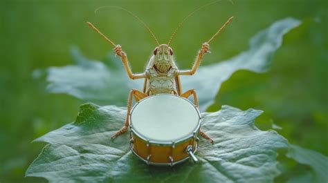 Whimsical Grasshopper Plays Drum On Leaf Showcasing Creativity And Joy