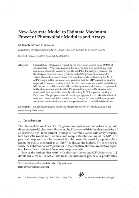 Pdf New Accurate Model To Estimate Maximum Power Of Photovoltaic Modules And Arrays