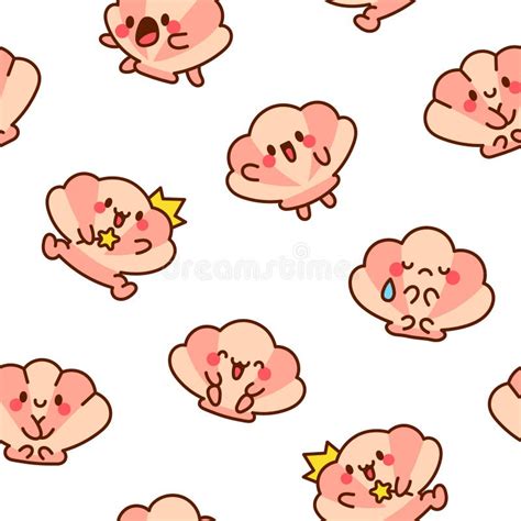 Cute Seashell With Smiling Face Seamless Pattern Stock Vector Illustration Of Delightful