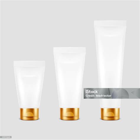 벡터 3d 현실적인 플라스틱 금속 흰색 치아 페이스트 크림 튜브 흰색 배경에 고립 된 골든 캡 세트와 포장 치약의 디자인 템플릿 화장품 모형크림 전면 보기 3차원 형태에