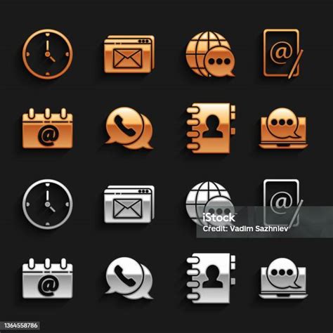 음성 버블 채팅 메일 및 전자 메일 채팅 메시지 알림 랩톱 주소록 캘린더 이메일 월드 맵으로 만든 시계 및 웹 사이트 봉투 아이콘으로 전화를 설정합니다 벡터 연결에 대한