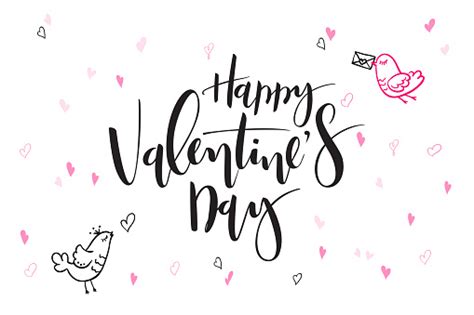 조류와 심장 모양 발렌타인의 날 인사말 텍스트해피 발렌타인 데이문자 벡터 손 감상성에 대한 스톡 벡터 아트 및 기타 이미지