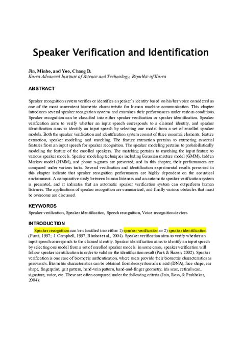 Pdf Speaker Verification And Identification